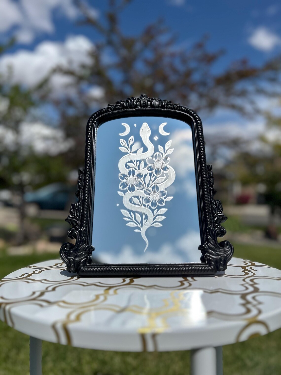 Celestial Snake Floral Mirror – Hand Etched Moon Phase Decor, Witchy ...