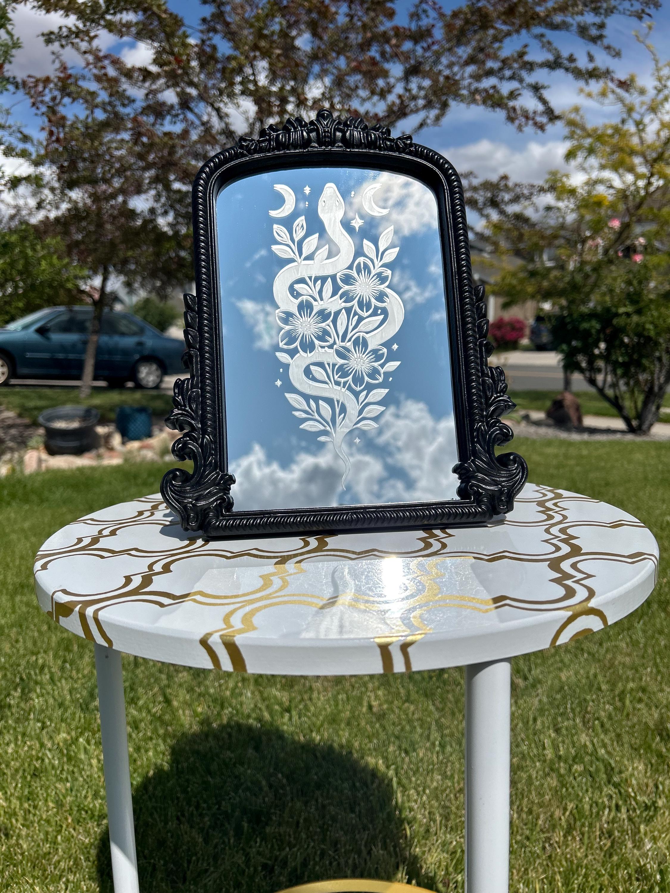 Celestial Snake Floral Mirror – Hand Etched Moon Phase Decor, Witchy ...