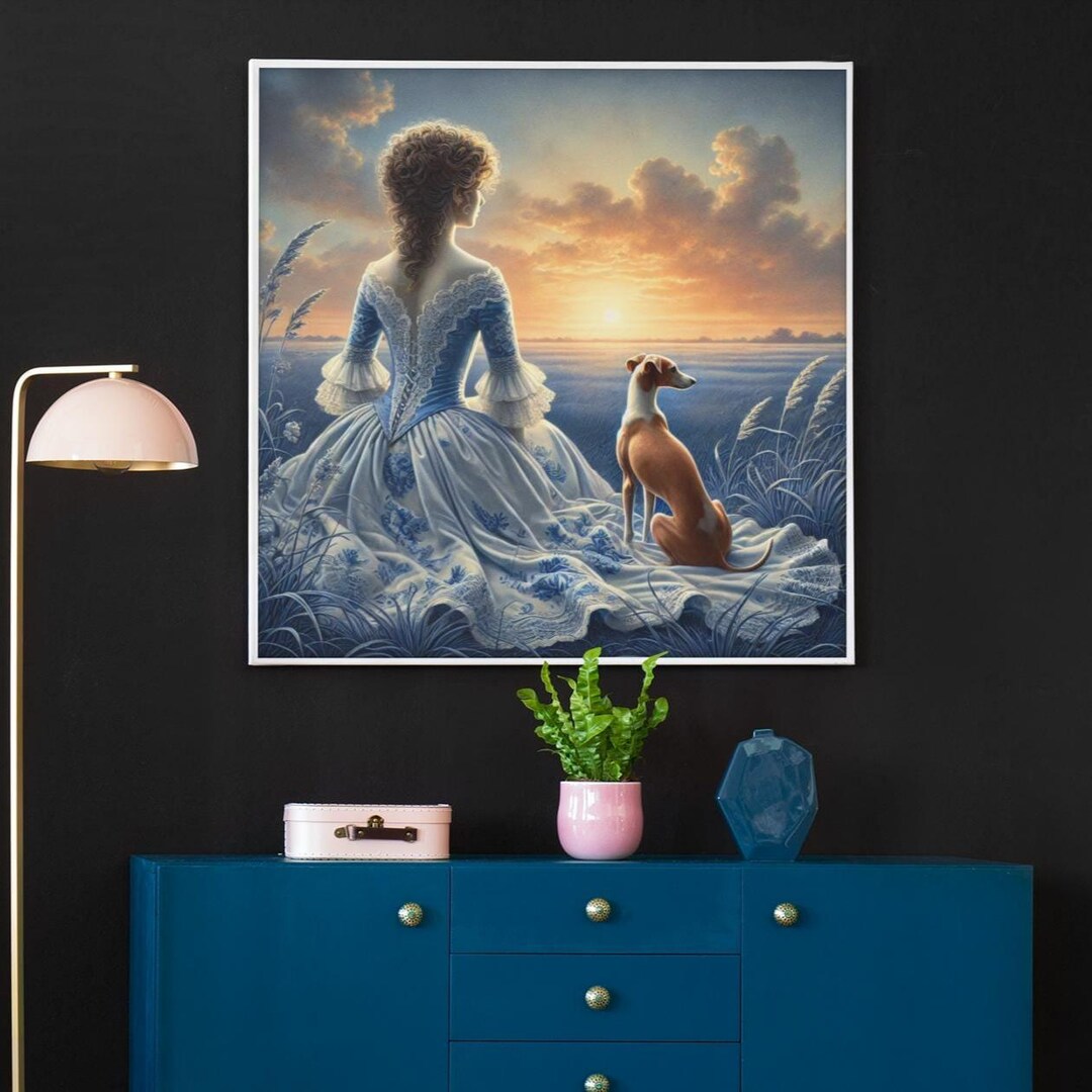 Amelia and Her Hound – Victorian Woman & Italian Greyhound Sunset Art ...