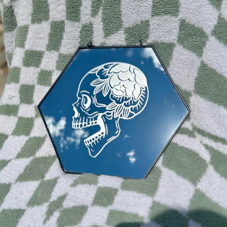 Etched Skull Hexagon Mirror – Gothic Wall Art, Floral Skull Decor ...