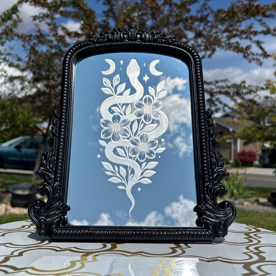Celestial Snake Floral Mirror – Hand Etched Moon Phase Decor, Witchy ...