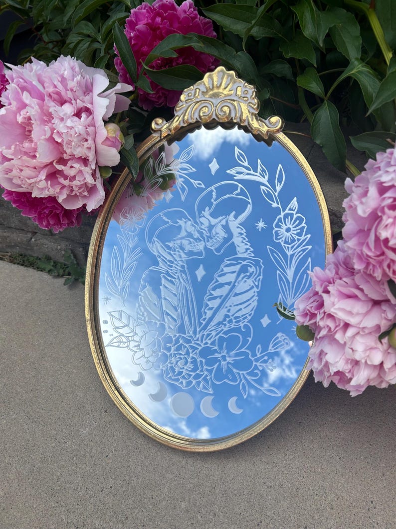 The Lovers – Hand Etched Skeleton Mirror | Tattooed Gothic Romance Wall ...