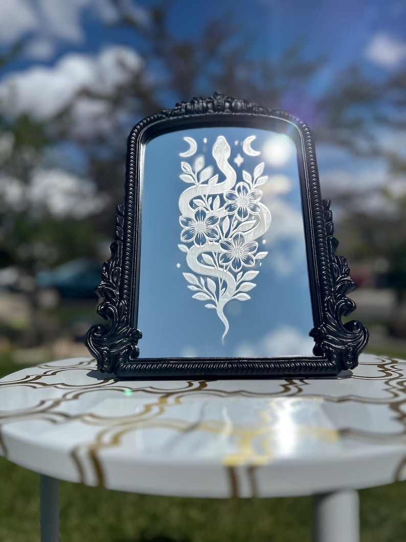 Celestial Snake Floral Mirror – Hand Etched Moon Phase Decor, Witchy ...