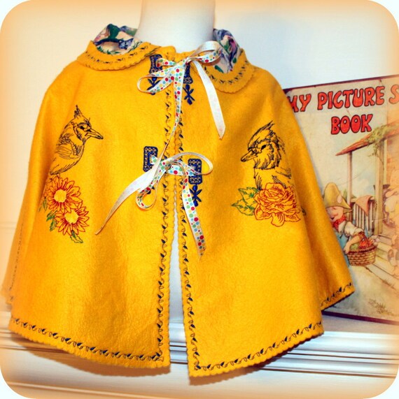 Items similar to Embroidered Felt Cape Yellow Bamboo Felt with Blue Jay ...