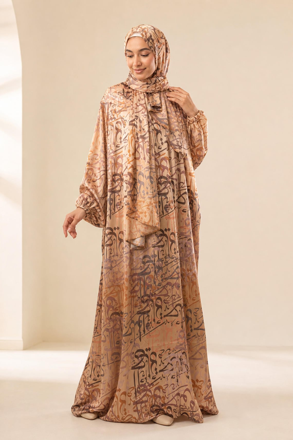 Prayer Dress for Women, Satin Isdal With Attached Hijab, Beige Brown ...