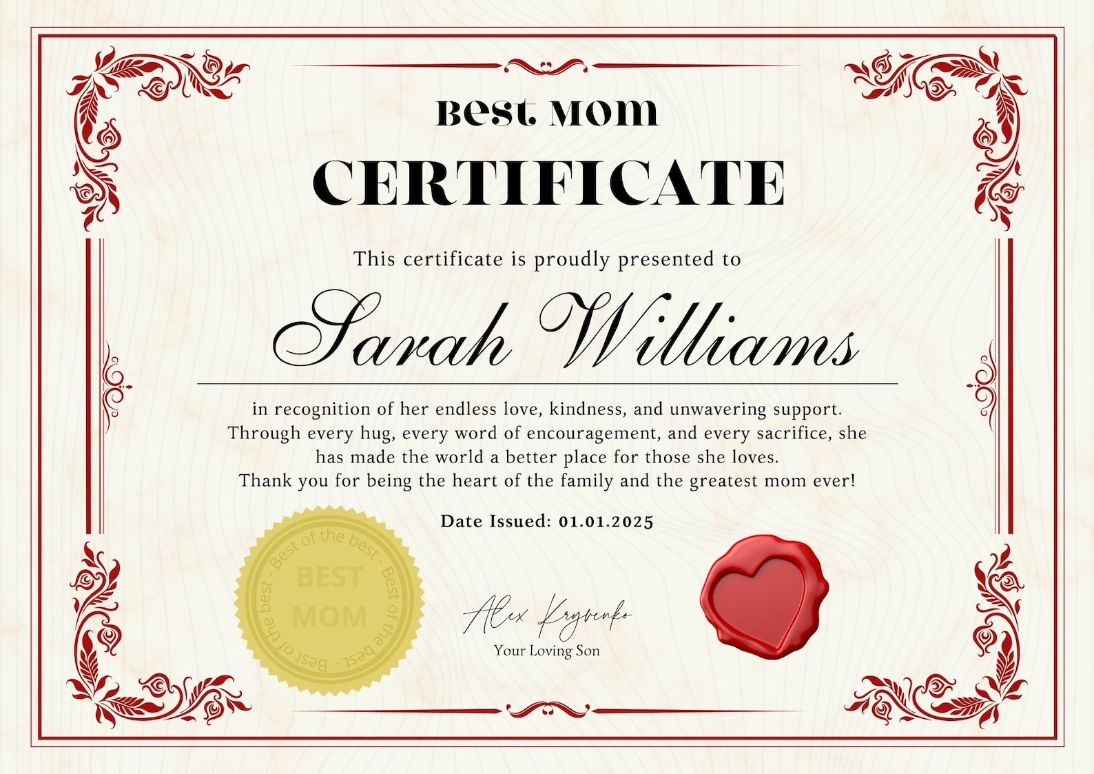 Custom Best Mom Certificate – Personalized Printable Gift, Thoughtful ...
