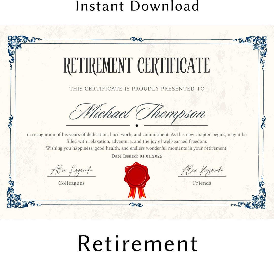 Personalized Retirement Certificate: Printable Farewell Keepsake ...