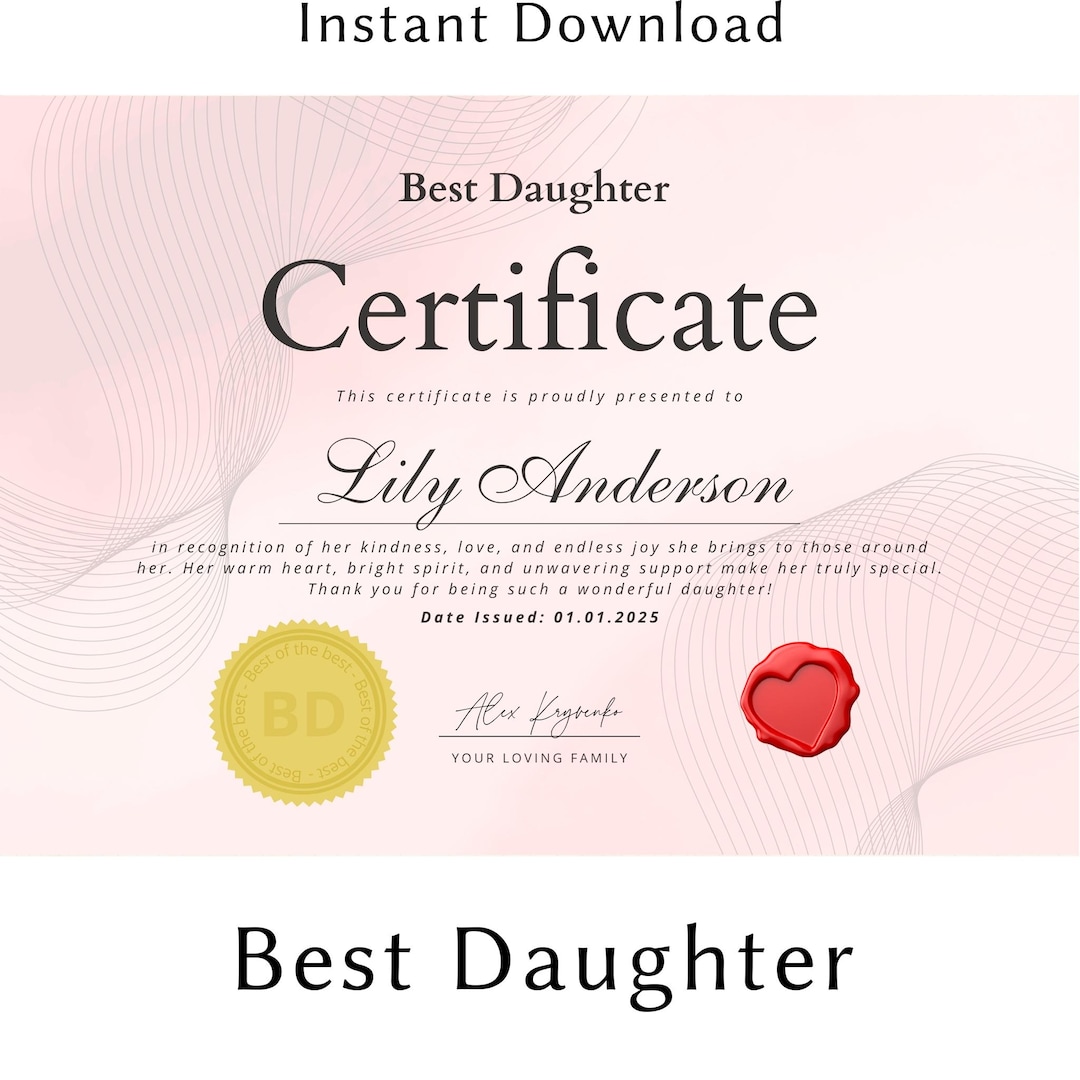 Custom Best Daughter Certificate – Personalized Printable Gift ...