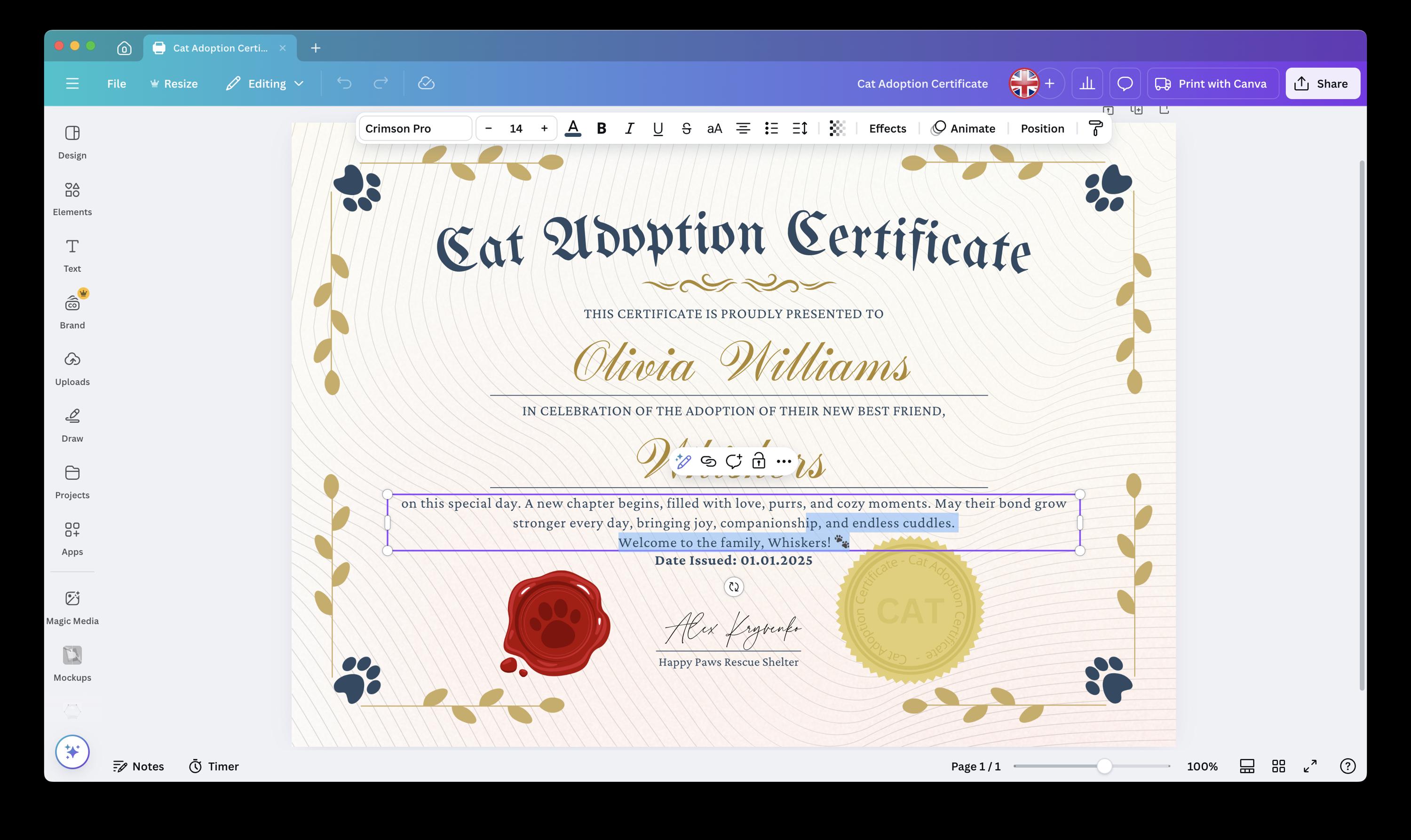 Custom Cat Adoption Certificate – Personalized Printable Pet Adoption ...