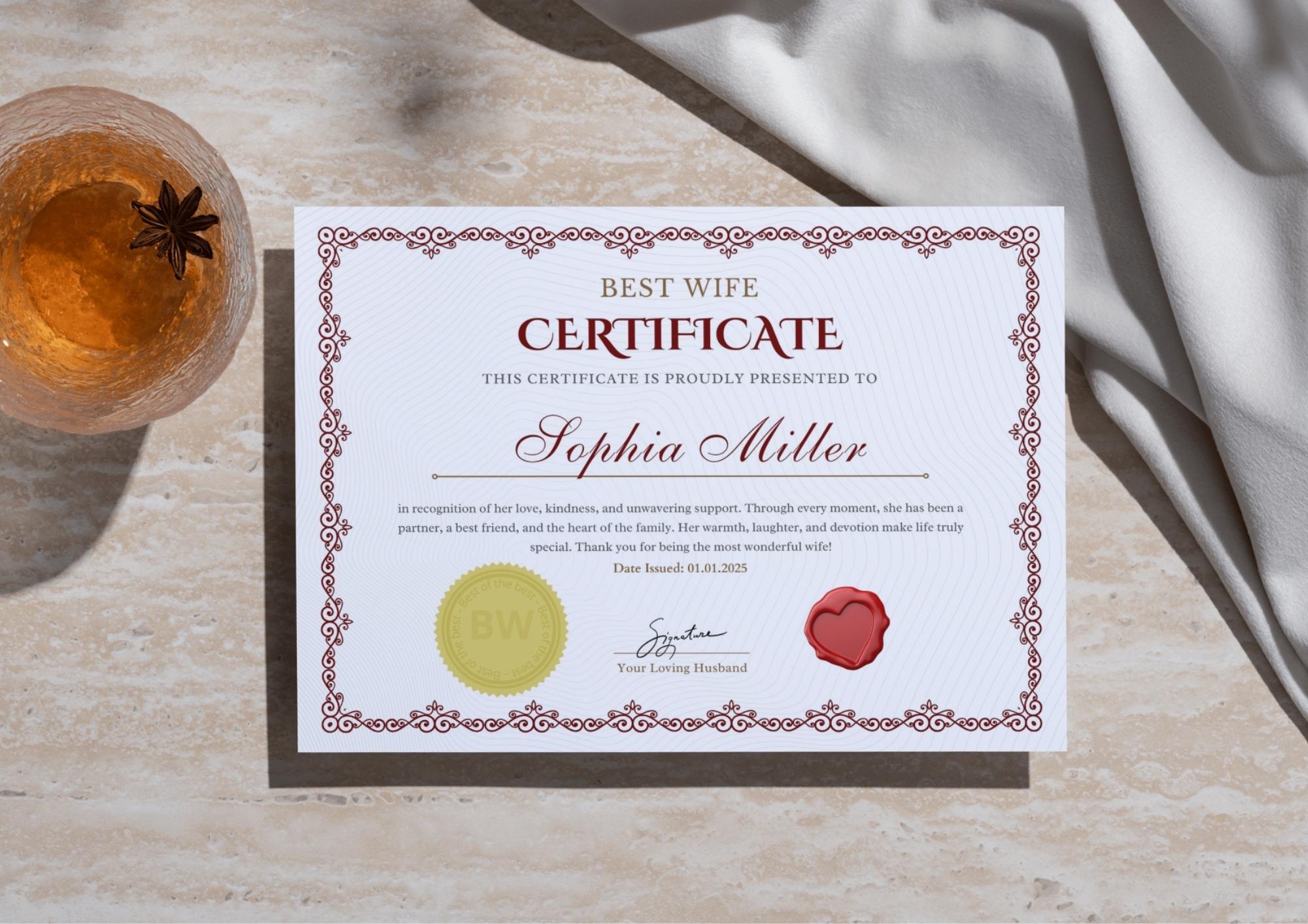 Personalized Best Wife Certificate: Romantic Printable Keepsake for Anniversary or Birthday Gift ...