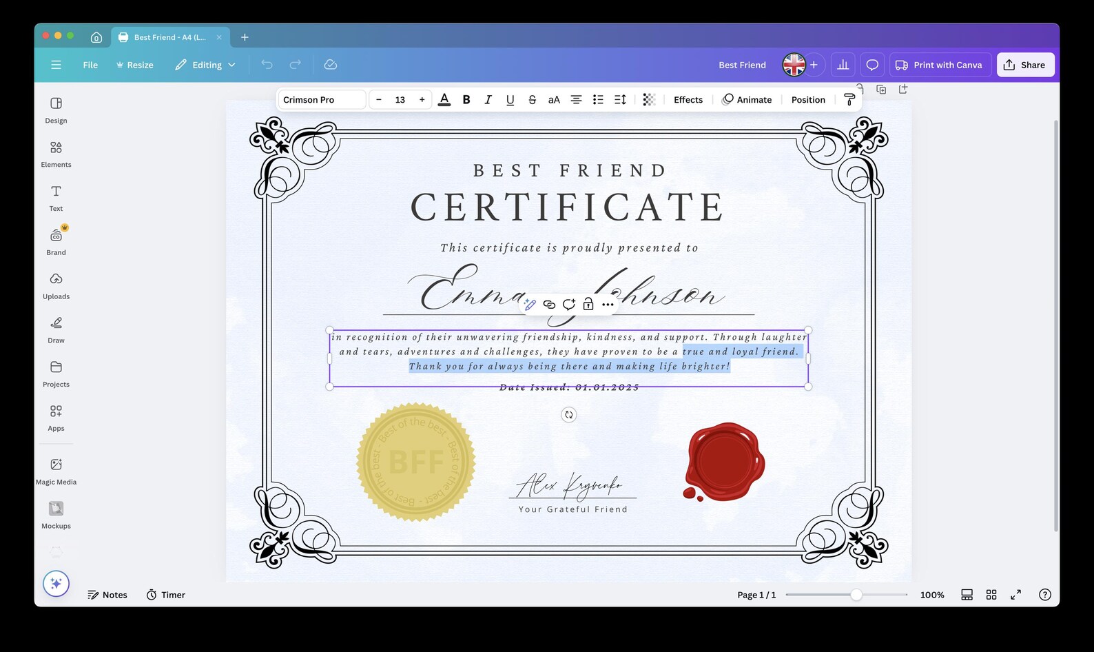 Custom Best Friend Certificate – Personalized Printable Gift ...