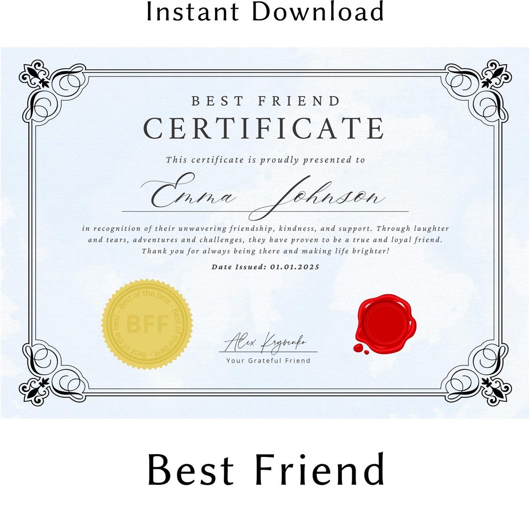 Custom Best Friend Certificate – Personalized Printable Gift ...