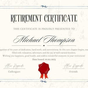 Personalized Retirement Certificate: Printable Farewell Keepsake ...