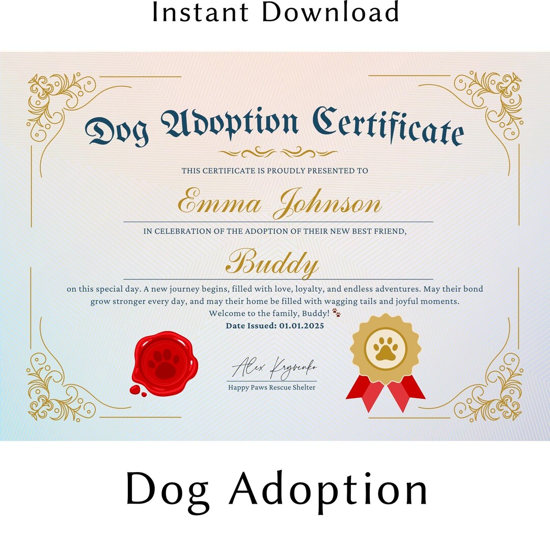 Personalized Dog Adoption Certificate: Printable Pet Keepsake for New ...
