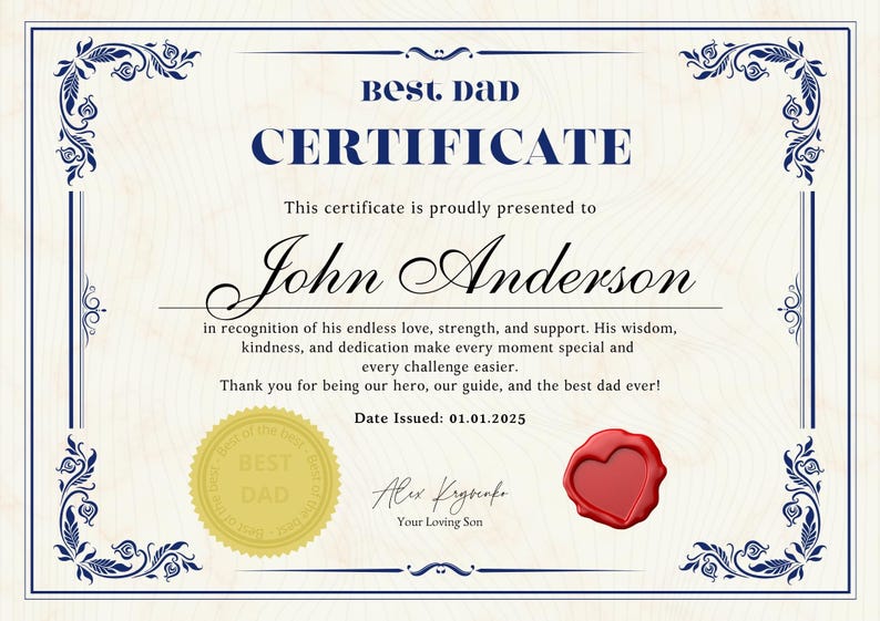 Custom Best Dad Certificate – Personalized Printable Gift, Thoughtful ...