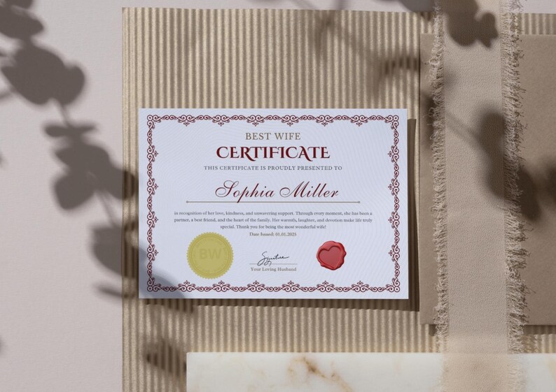 Personalized Best Wife Certificate: Romantic Printable Keepsake for ...