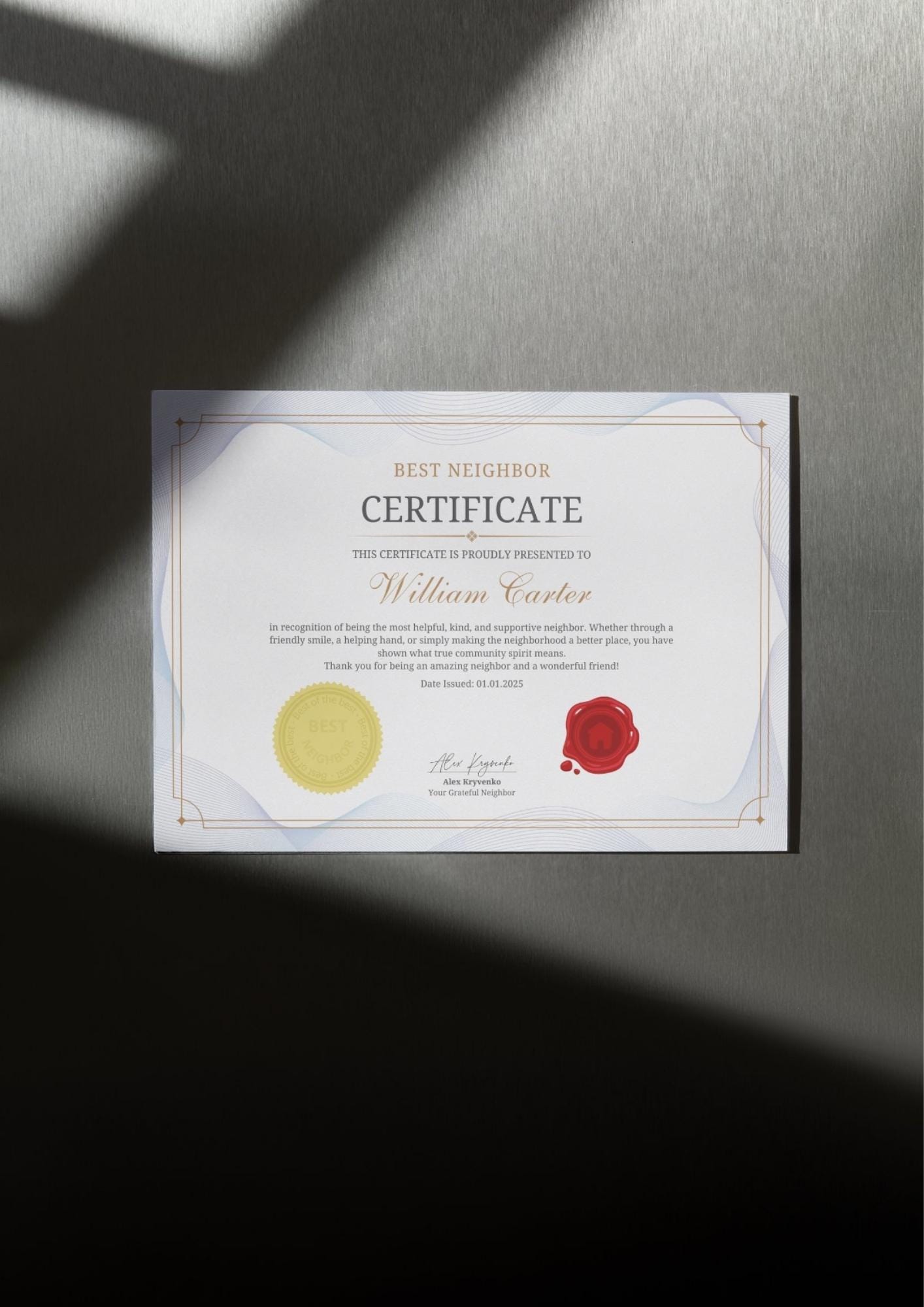 Custom Best Neighbor Certificate – Personalized Printable Gift ...