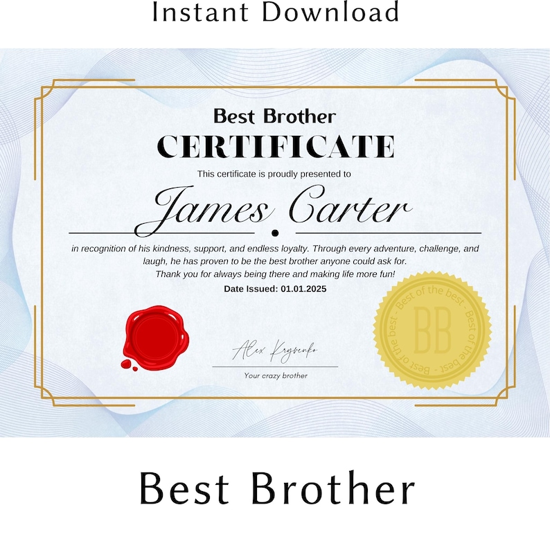 Custom Best Brother Certificate – Personalized Printable Gift ...