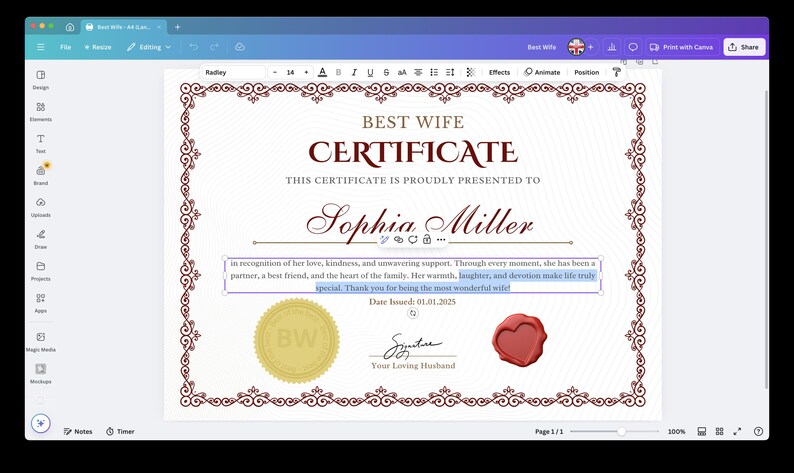 Personalized Best Wife Certificate: Romantic Printable Keepsake for Anniversary or Birthday Gift ...