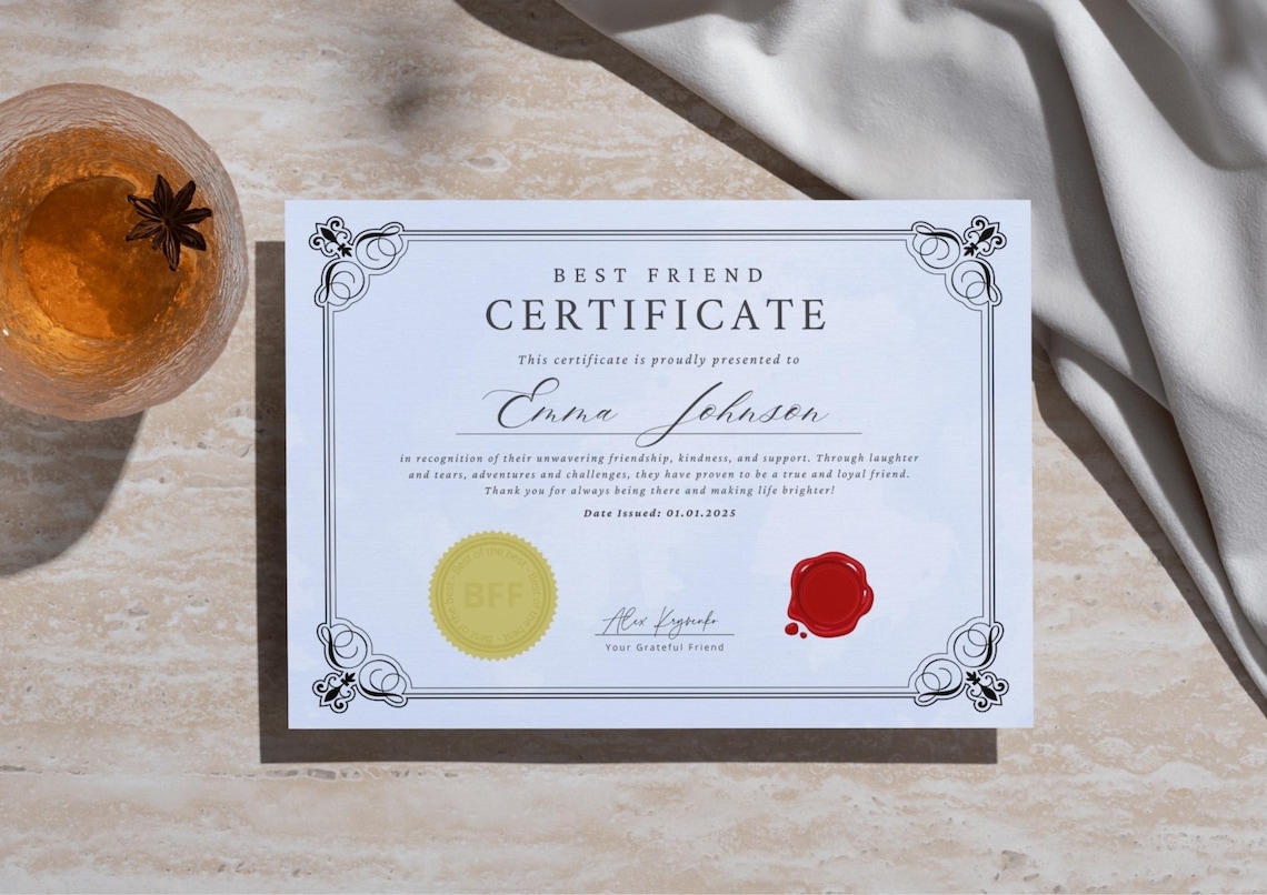 Personalized Best Friend Certificate: Printable Keepsake for Friendship ...