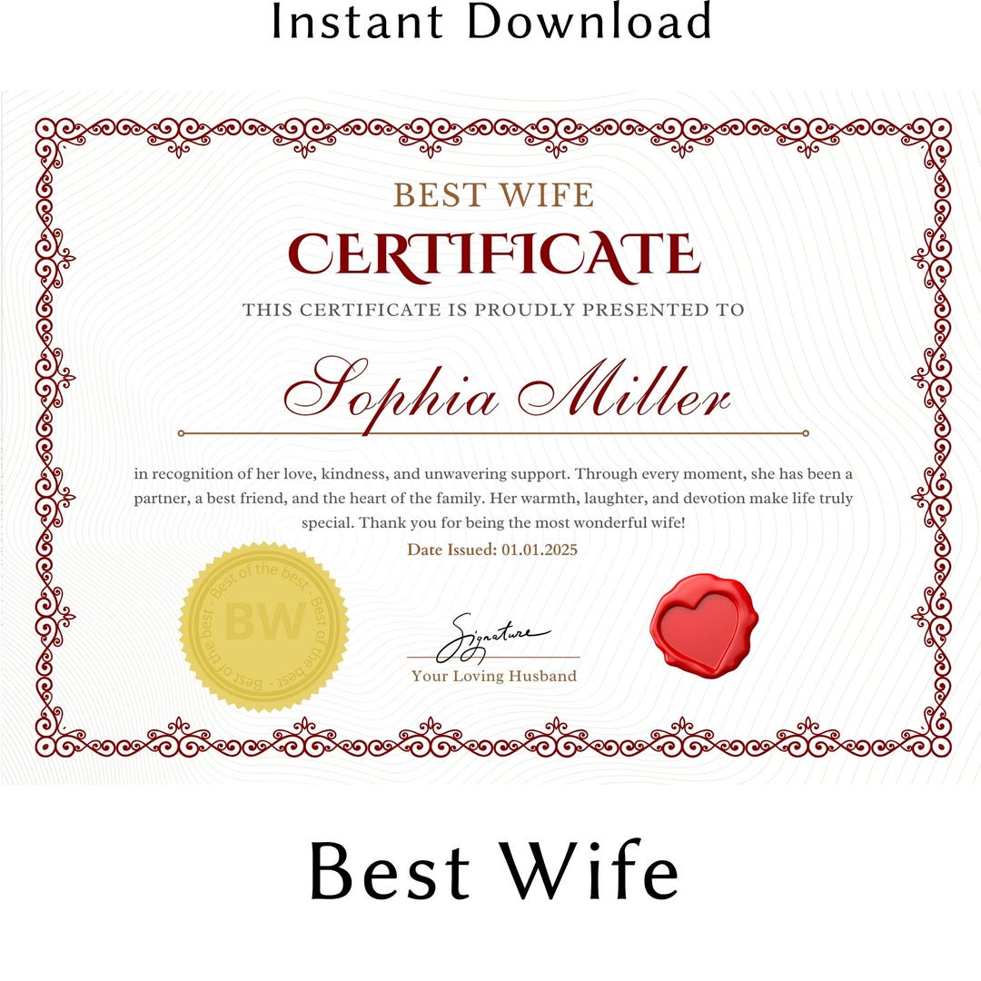 Personalized Best Wife Certificate: Romantic Printable Keepsake for Anniversary or Birthday Gift ...
