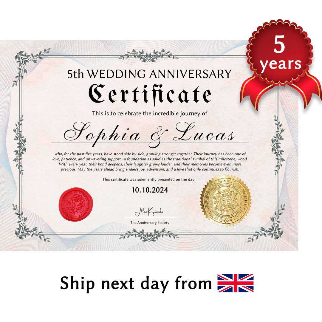 Personalized 5th Wedding Anniversary Certificate – Wood Wedding Gift, 5 ...