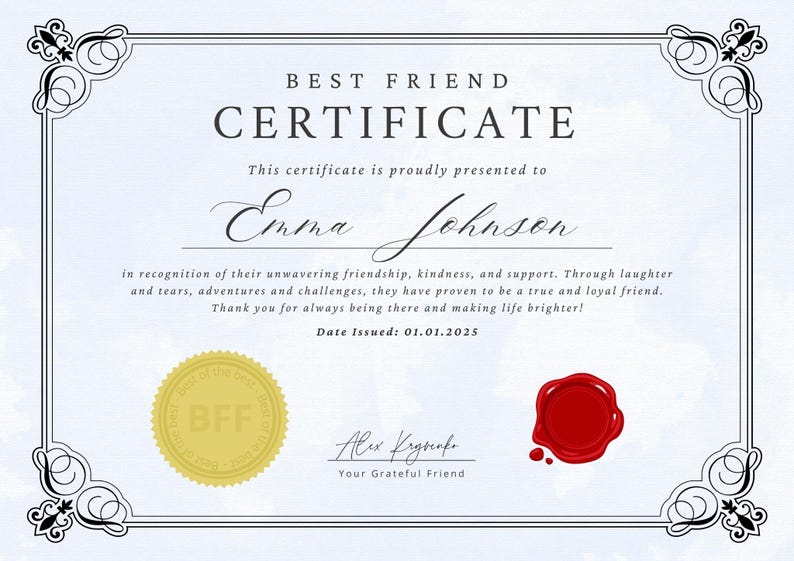 Custom Best Friend Certificate – Personalized Printable Gift ...