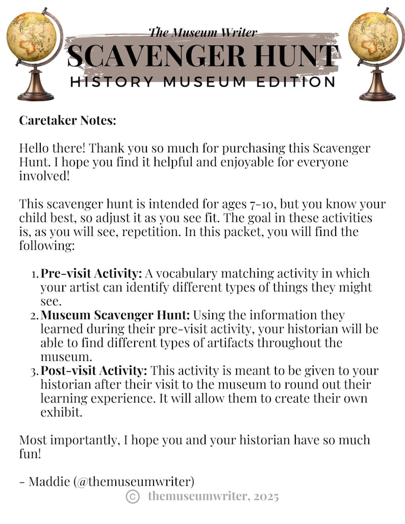 Elementary School History Museum Scavenger Hunt– Printable Activity ...