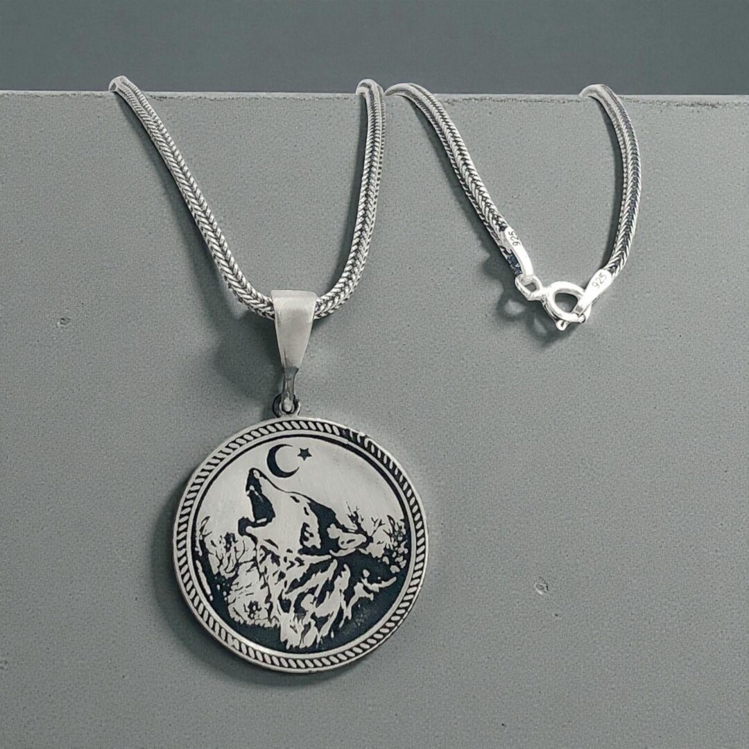 925 Sterling Silver Wolf & Crescent Star Pendant Turkish Bozkurt Symbol ...