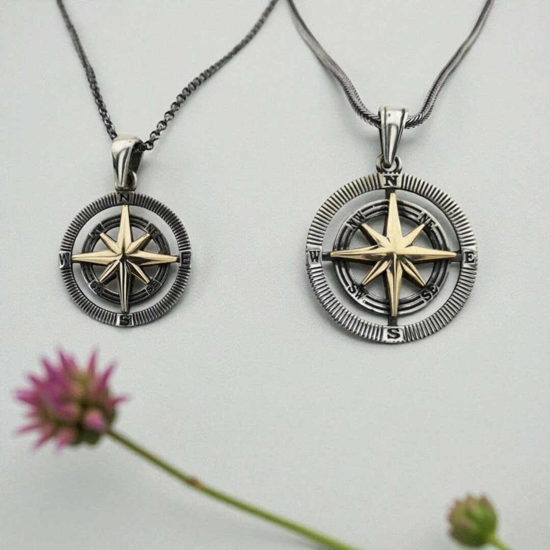 925 Sterling Silver Couple Compass Necklace Set - Etsy