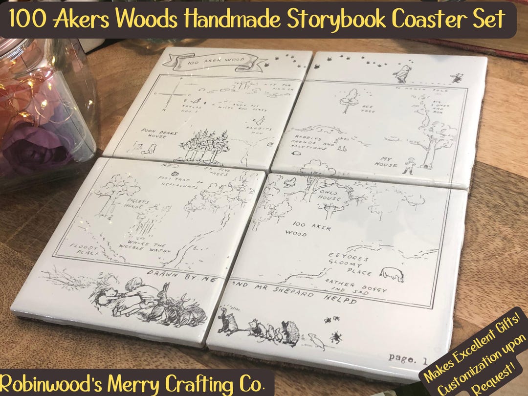 Handmade Winnie the Pooh 100 Akre Wood Map Coaster Set – Engraved ...
