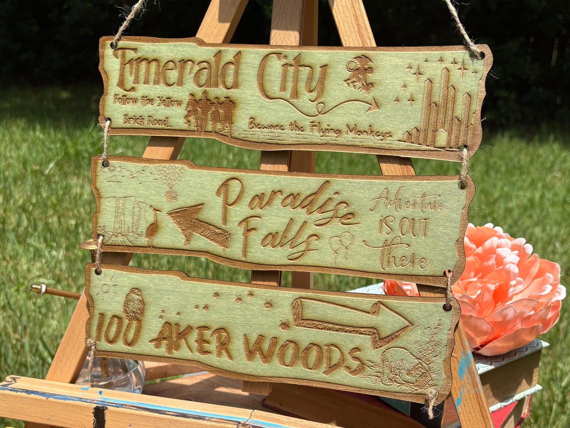 Fantasy Directional Sign Set – Laser Engraved Wooden Signs | 100 Aker ...