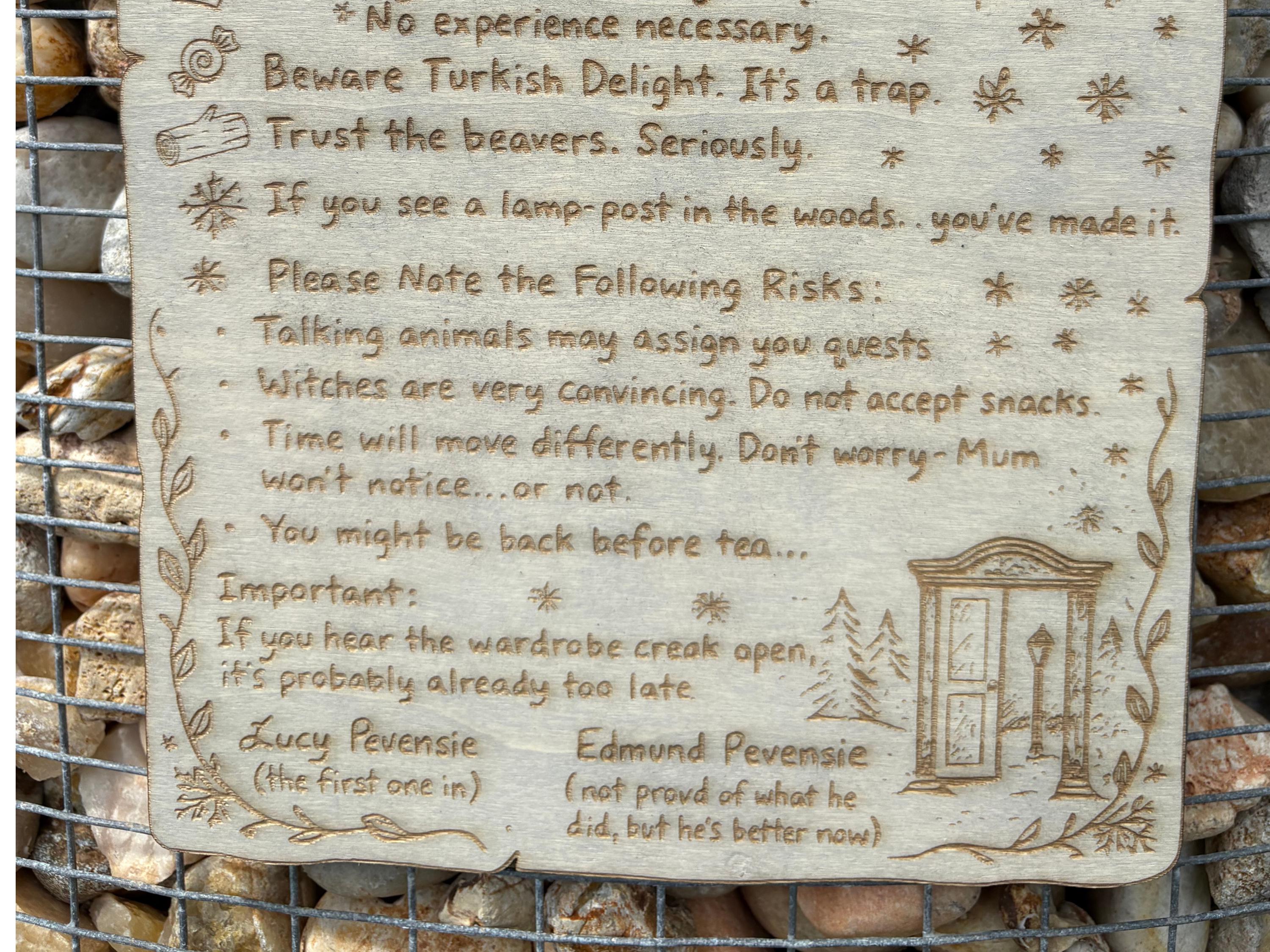Narnia Warning Sign | Engraved Basswood Wall Art With Sunbleached Stain ...