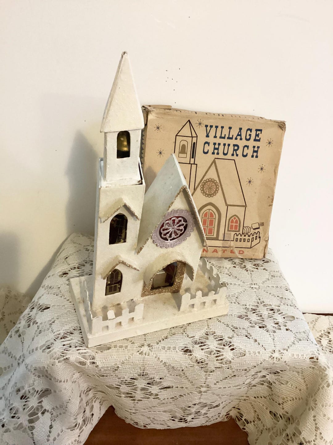 Vintage 1950s Large Putz Church in Original Box/illuminatedmica Putz ...