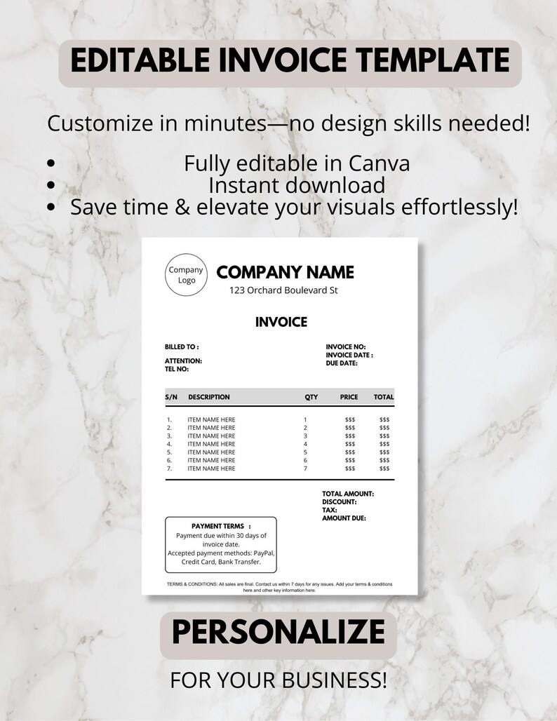 EDITABLE Invoice Template, Printable Business Invoice, Printable ...