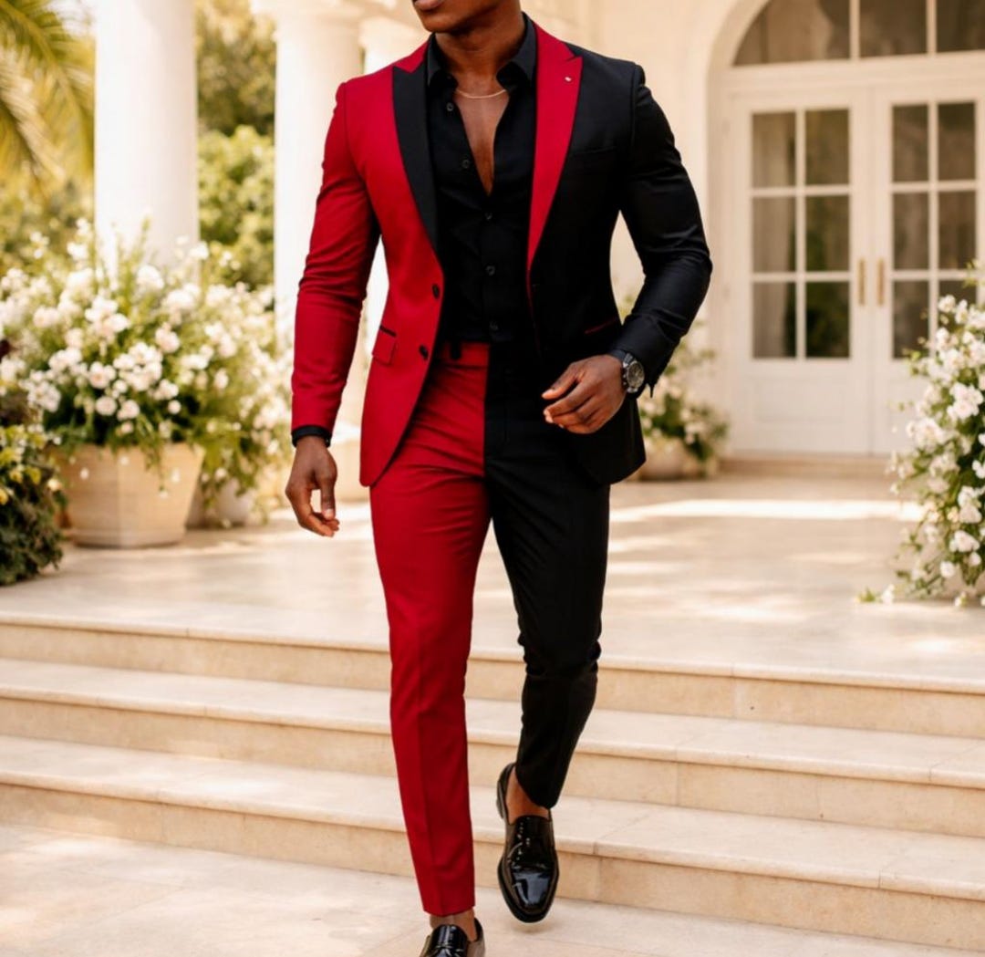 Bespoke Black & Dark Red Suit for Men • Slim Fit Custom Made Formal ...