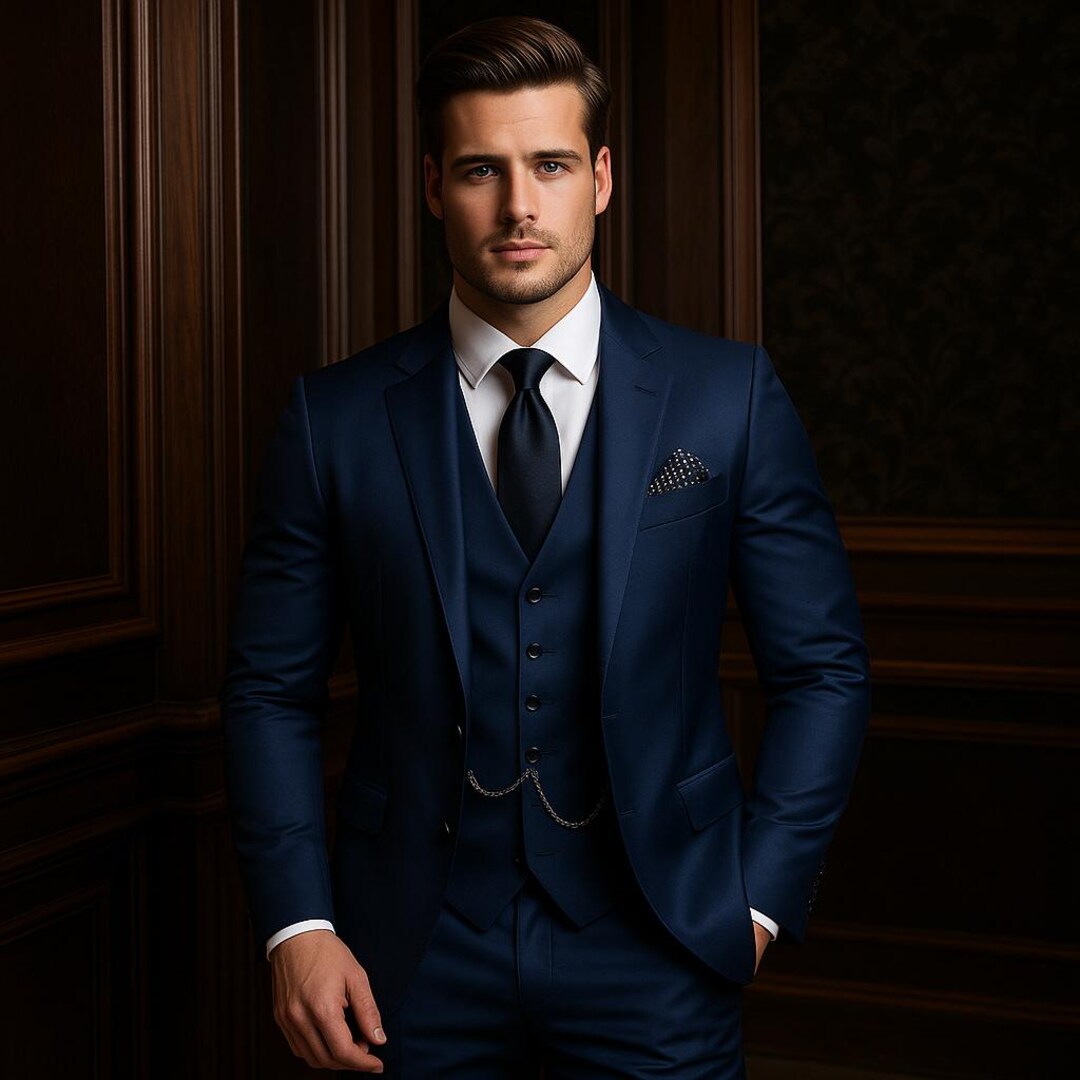 Men’s Dark Blue Three-piece Suit | Formal Slim Fit Wedding Suit ...