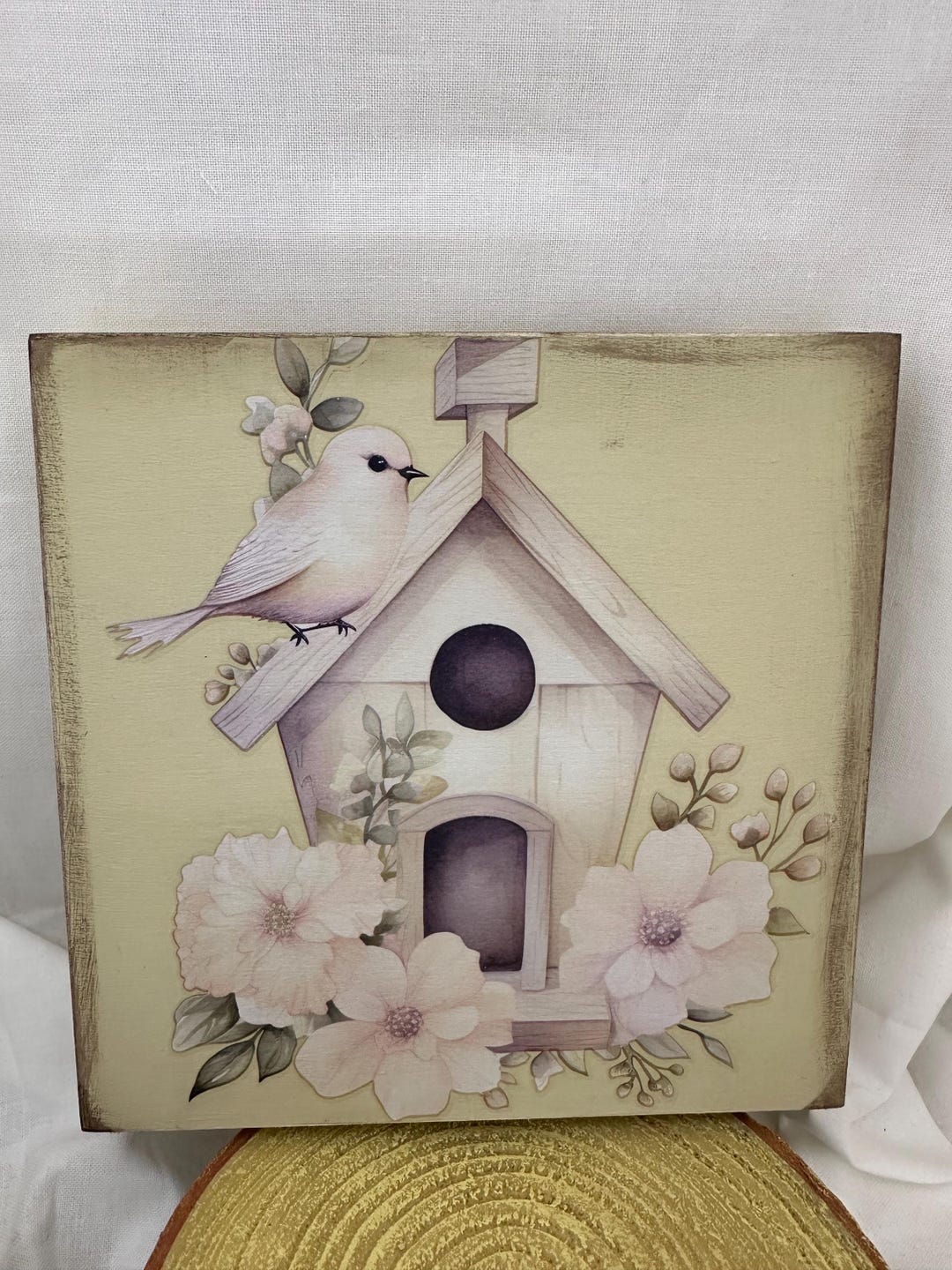 Spring Birdhouse Sign – 6x6 Floral Wall Decor With Bird & Blossoms ...