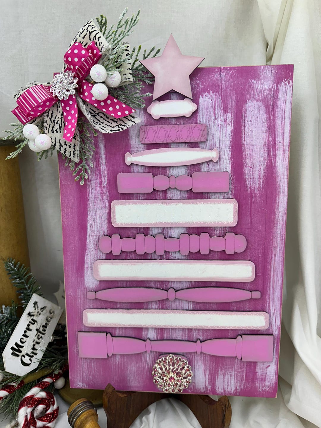 Pink Spindle Christmas Tree Decor | Farmhouse Holiday Leaner | Totally ...