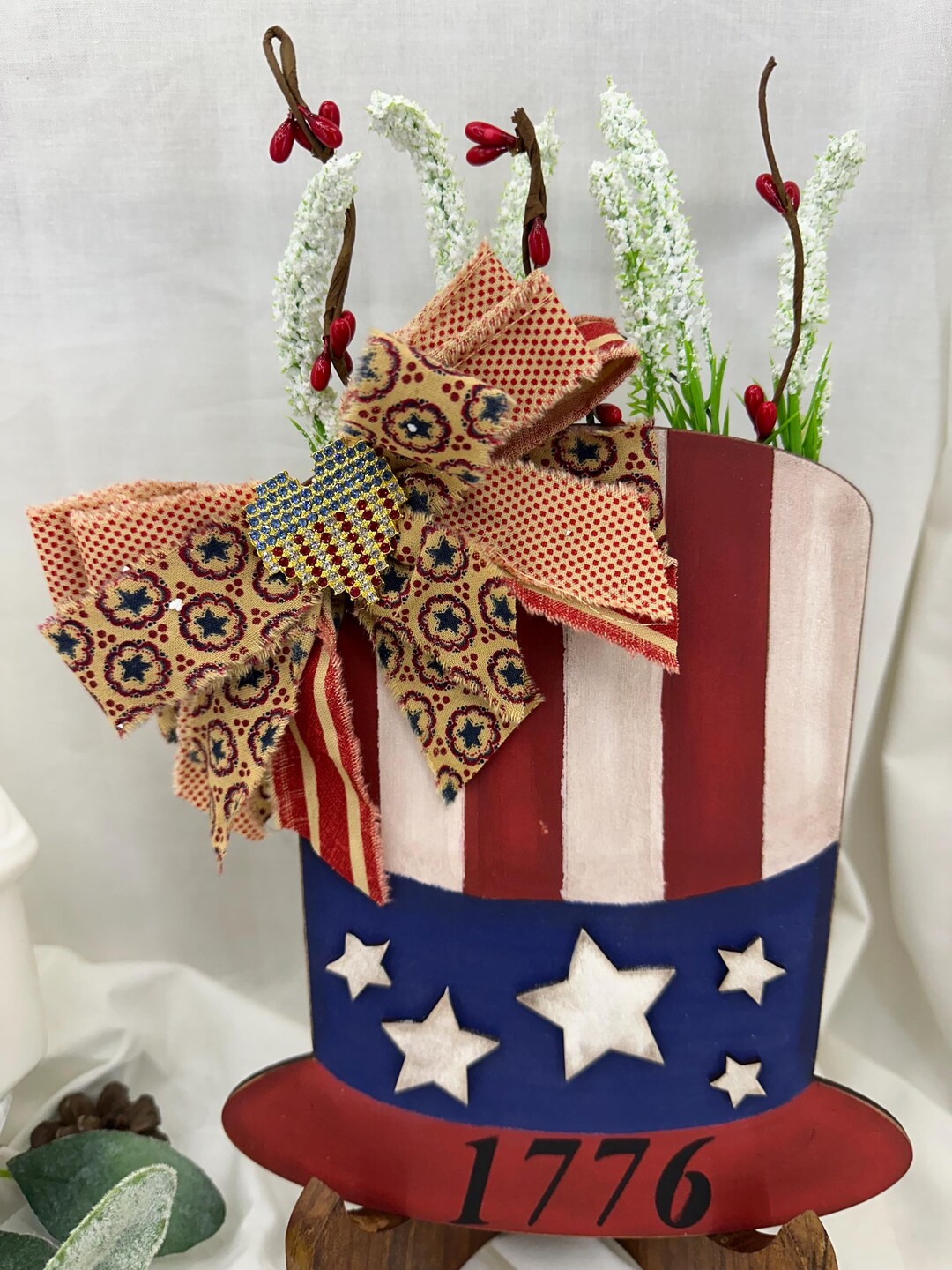 Patriotic 1776 Hat Sign – 7x8 Americana Decor With Fabric Bow, Florals ...