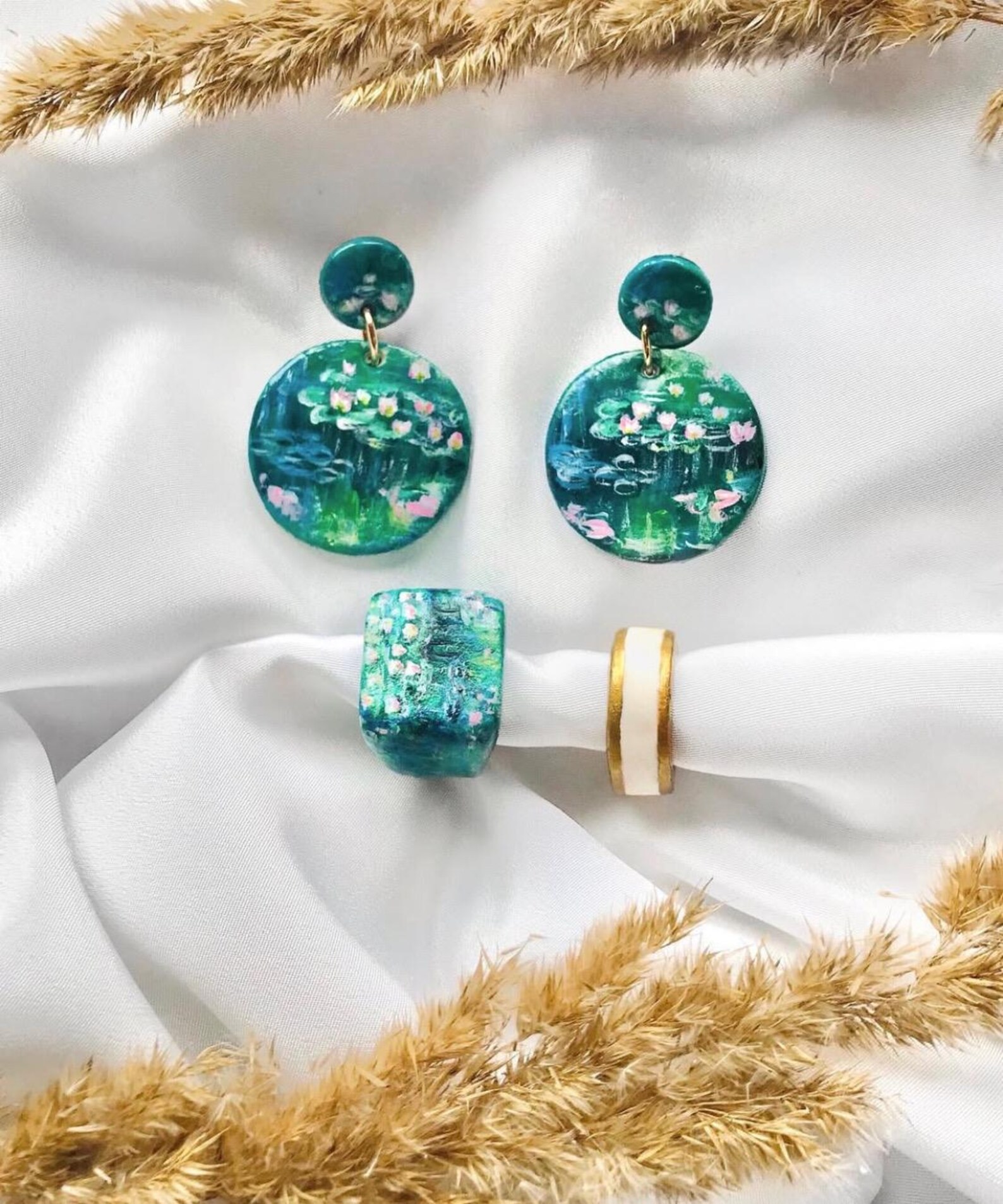Claude Monet Jewelry Set Water Lilies Rings Polymer Clay Earrings Hand ...