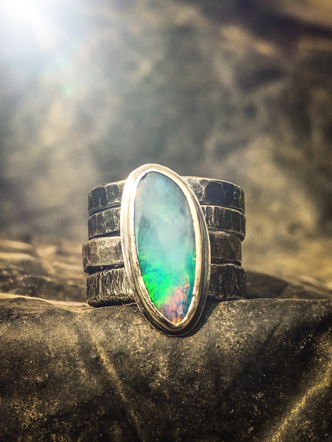 Chunky Sterling Silver Rings, Opal Stackable Rings, Textured and ...