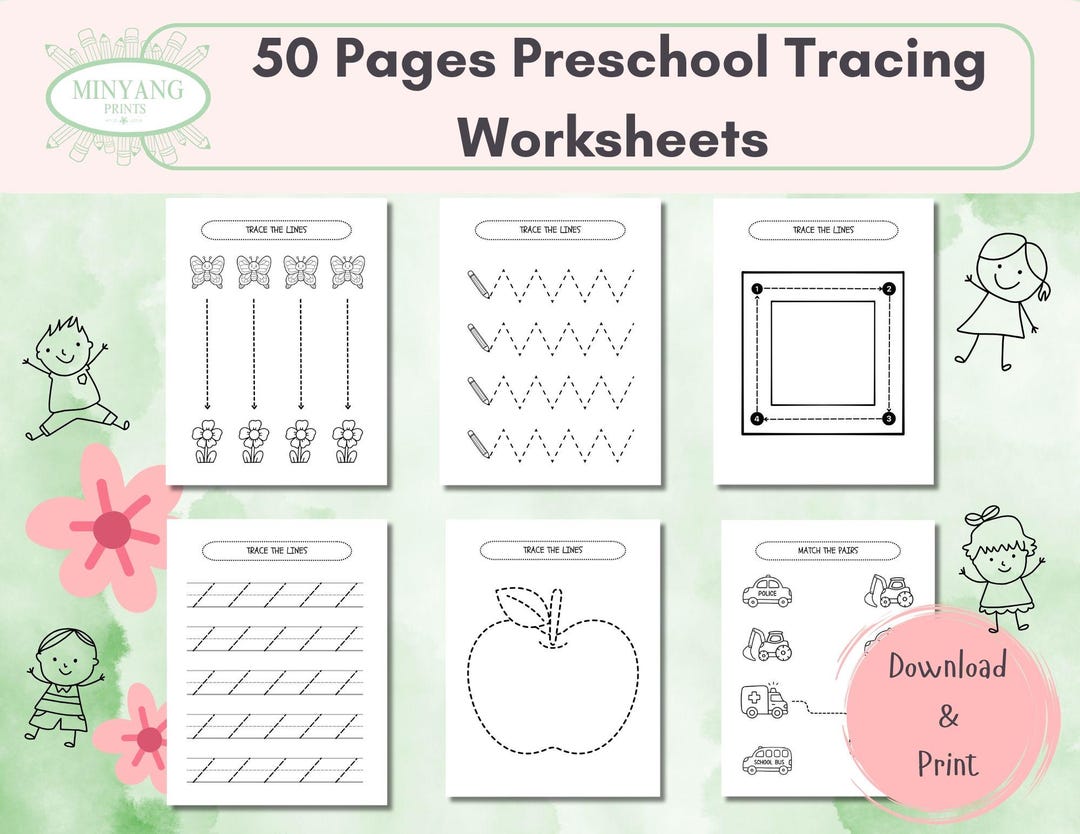 50 Pages Preschool Tracing Worksheets | Tracing & Shapes | Handwriting ...