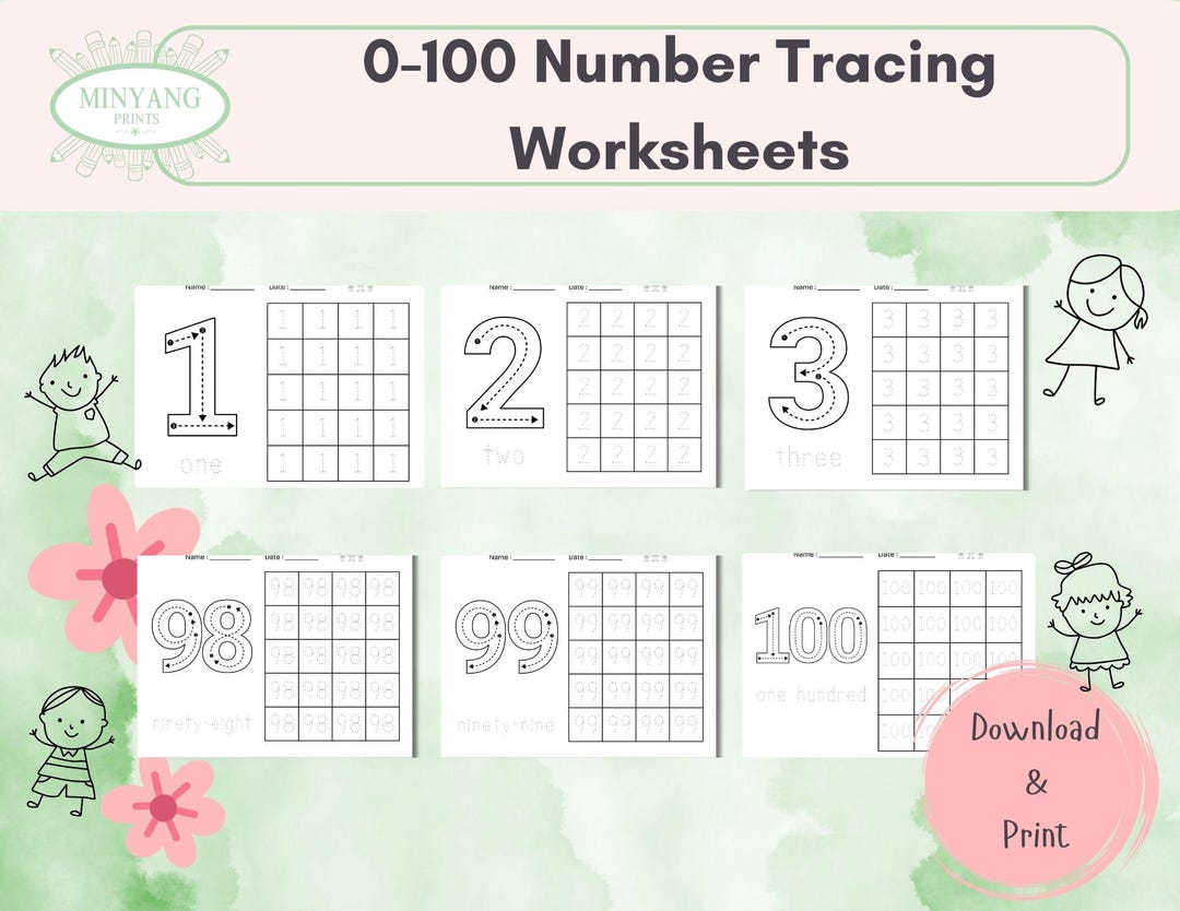 1-100 Number Tracing Worksheets Printable, Preschool and Kindergarten ...