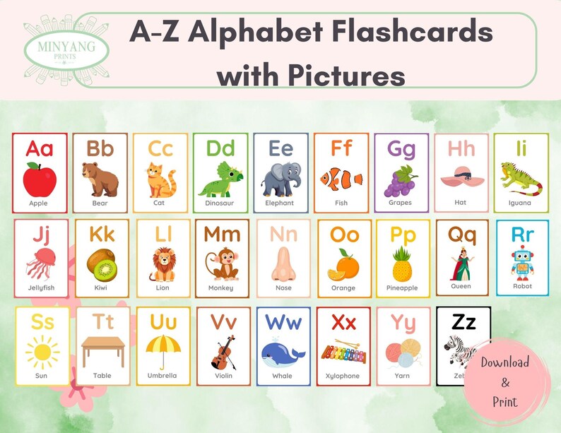 A-Z Alphabet Flashcards With Pictures | Printable ABC Learning Cards ...