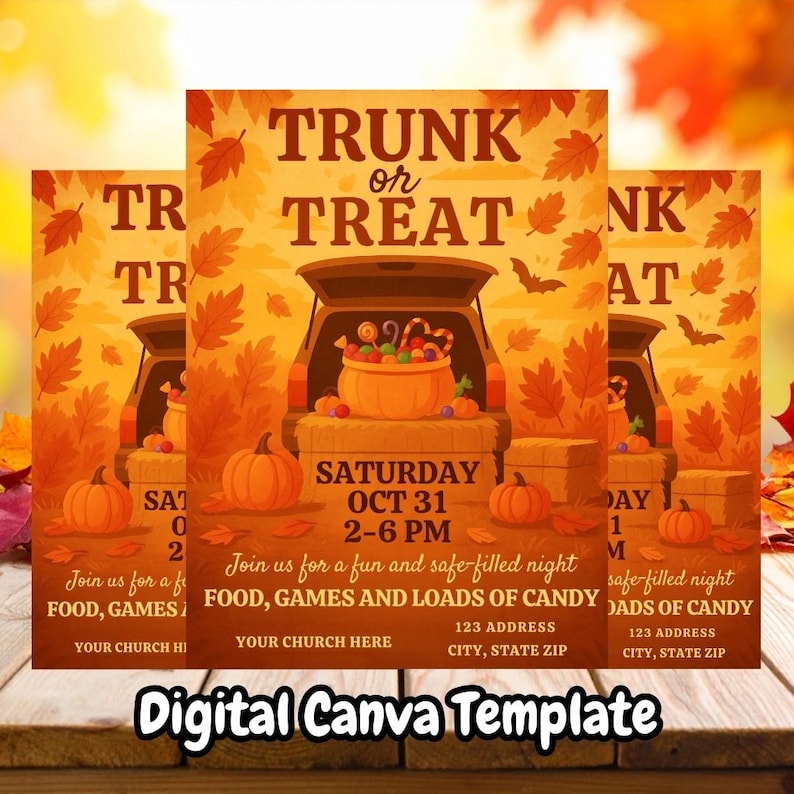 Trunk or Treat Flyer Template, Fall Festival Church Event Invitation ...