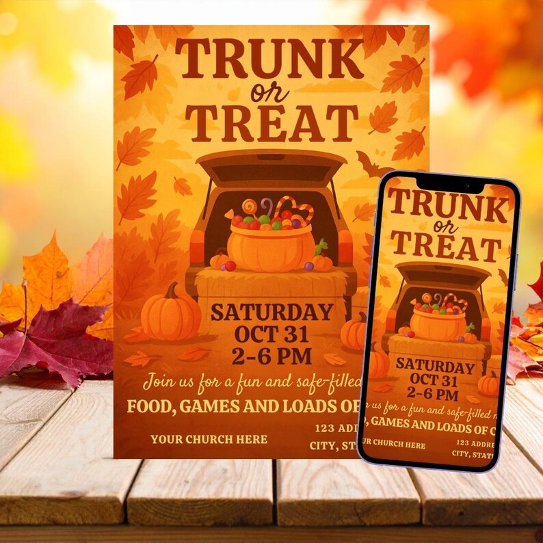 Trunk or Treat Flyer Template, Fall Festival Church Event Invitation ...