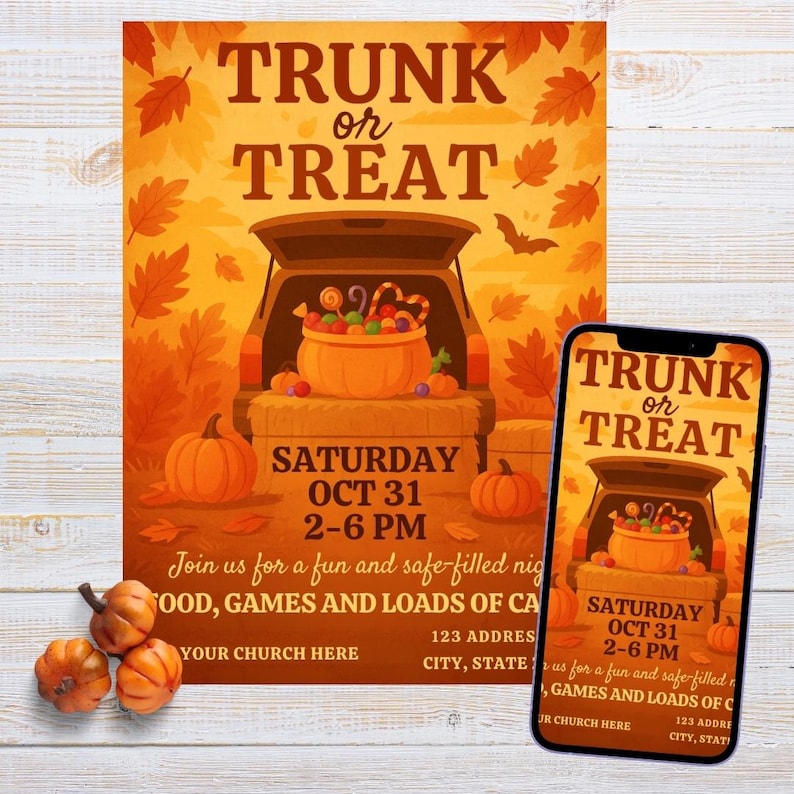 Trunk or Treat Flyer Template, Fall Festival Church Event Invitation ...