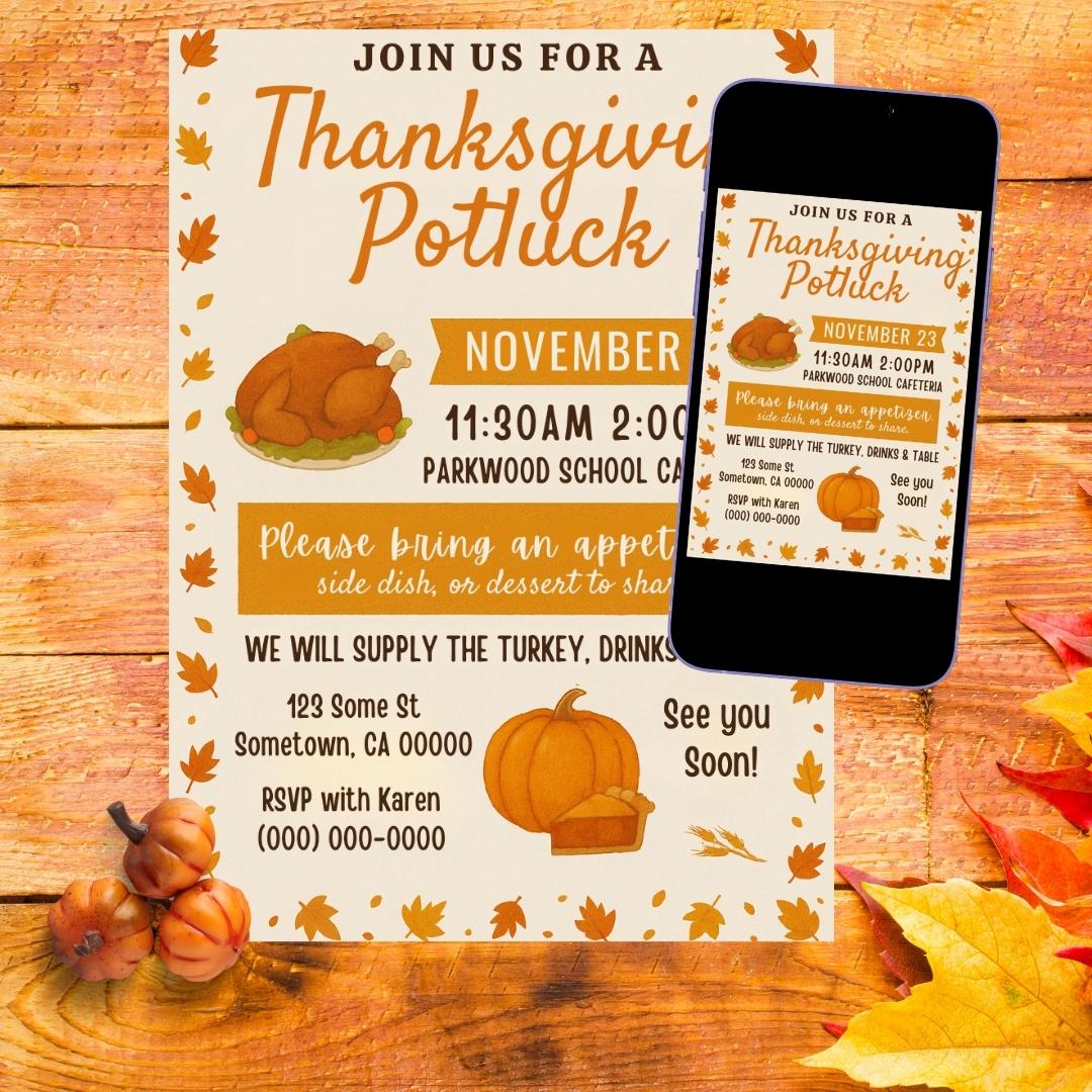 Thanksgiving Potluck Flyer Template, Autumn School Church Dinner Canva ...