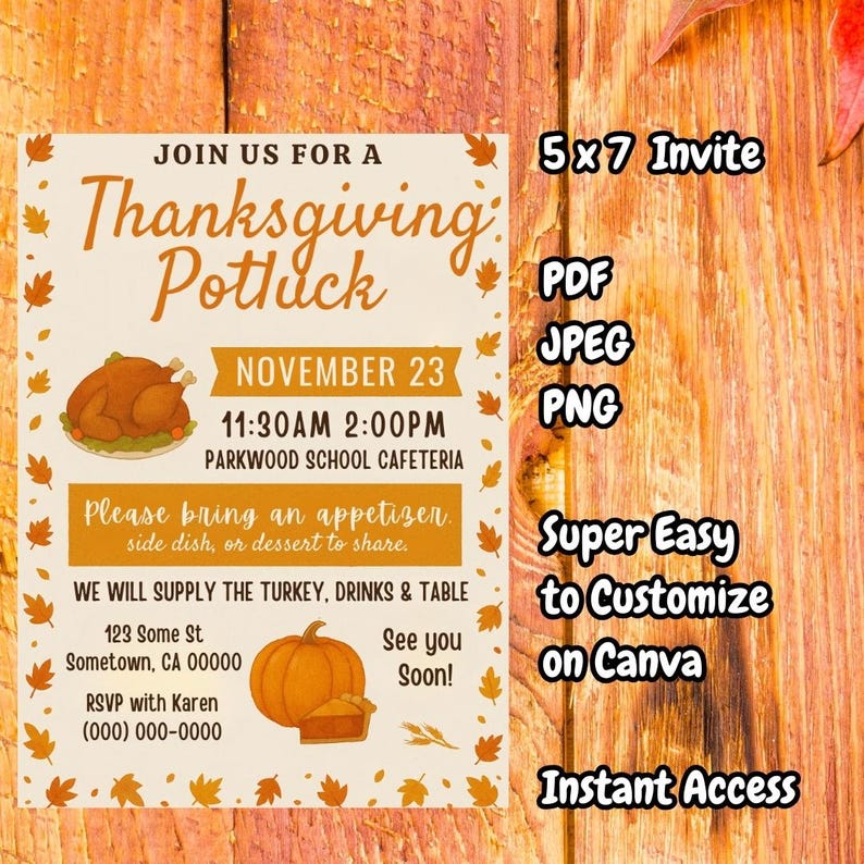 Thanksgiving Potluck Flyer Template, Autumn School Church Dinner Canva ...
